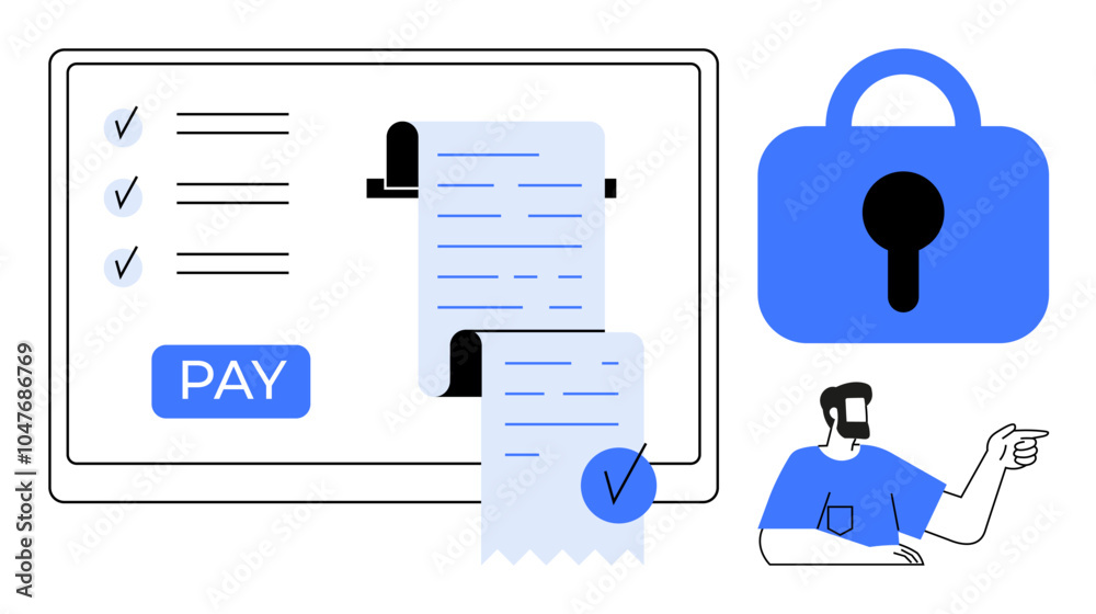 A digital payment interface with a Pay button, checkmarks, payment ...