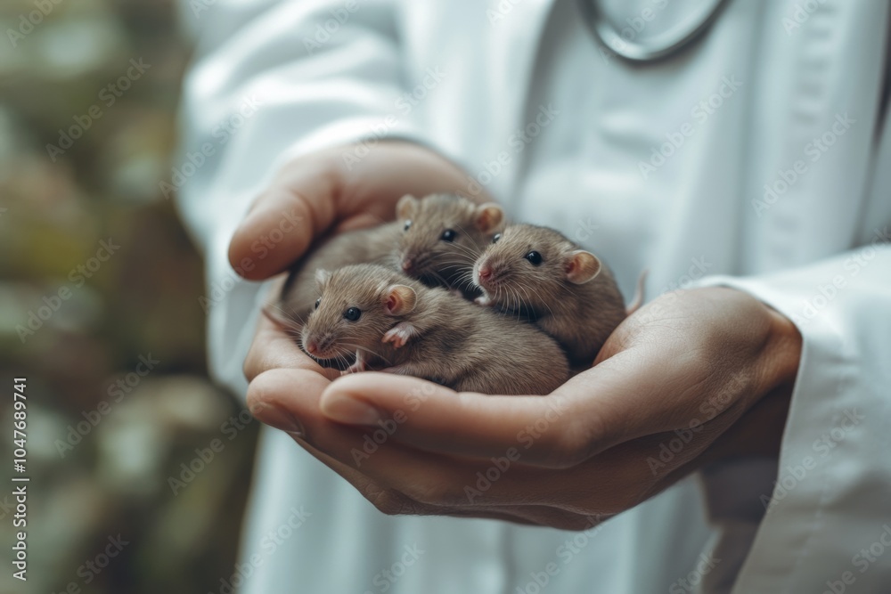 Scientist in a white coat holds laboratory mice in hand, illustrating ...