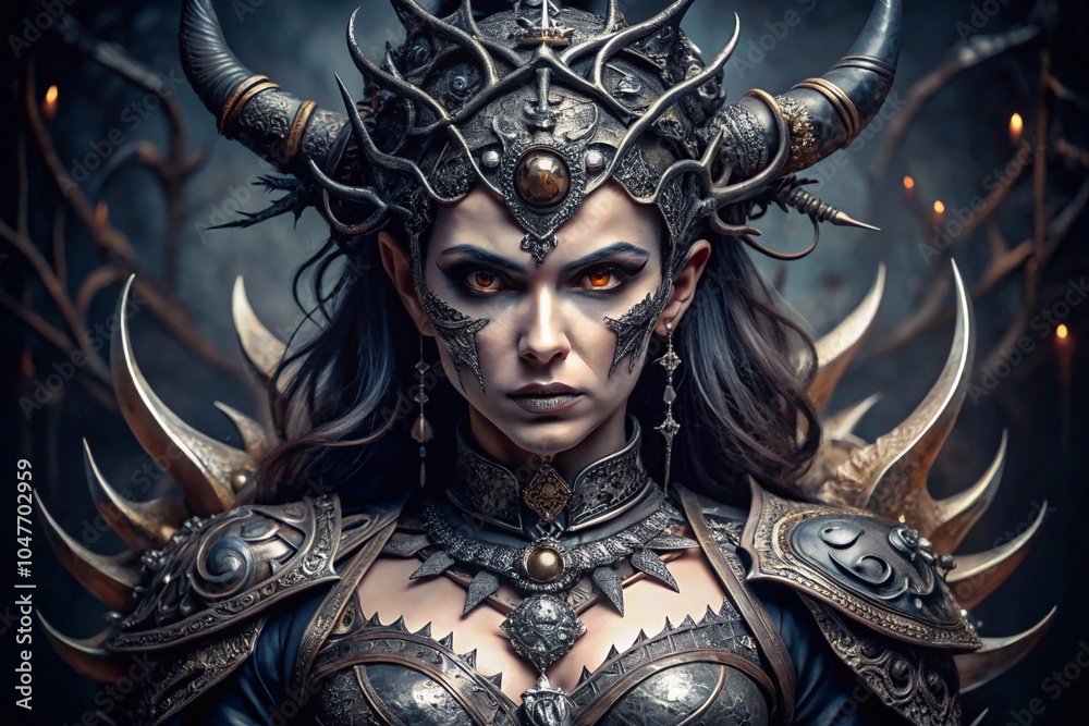 Hyper-detailed dark fantasy female warrior, demonic armor fused with ...