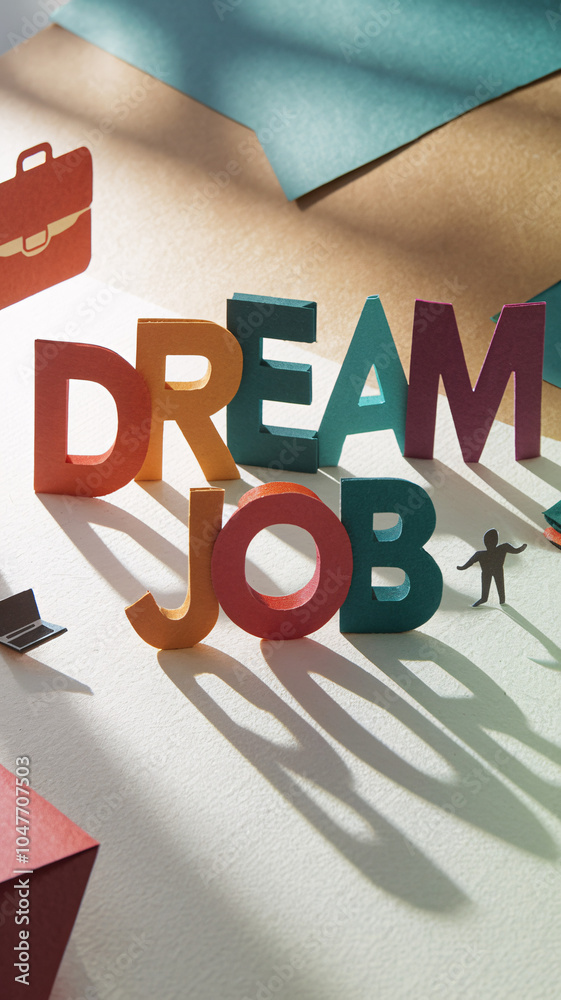 Vibrant "DREAM JOB" paper cutout letters with shadows, representing ...