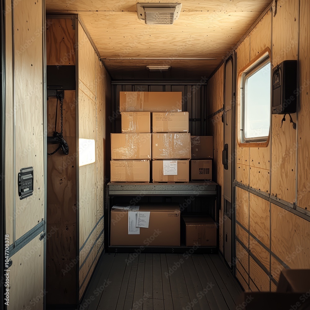Interior of a delivery truck filled with cardboard boxes and wooden ...