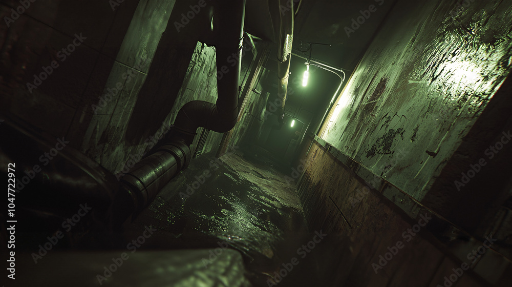 Cinematic Eerie Underground Scene with Industrial Pipes and Dim Lights ...