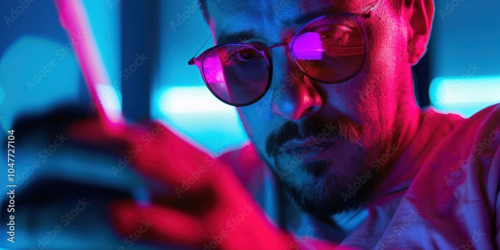 Individuals portrait engaging in phone hacking within a neon-lit garage, focused on ...