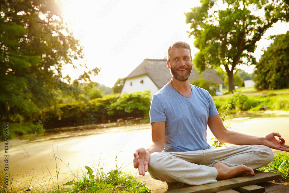 Health, lotus meditation and man in nature for relax, calm and ...