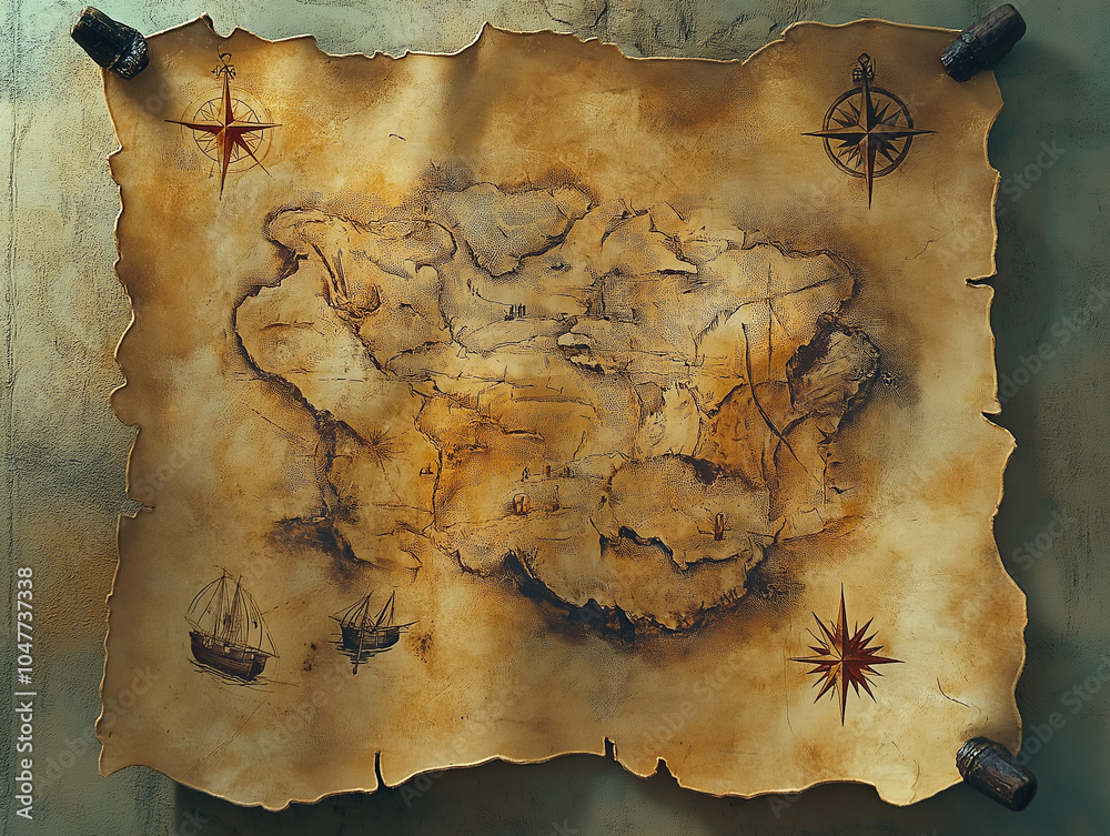 Old-world map on fragile, discolored parchment showing faded ancient ...