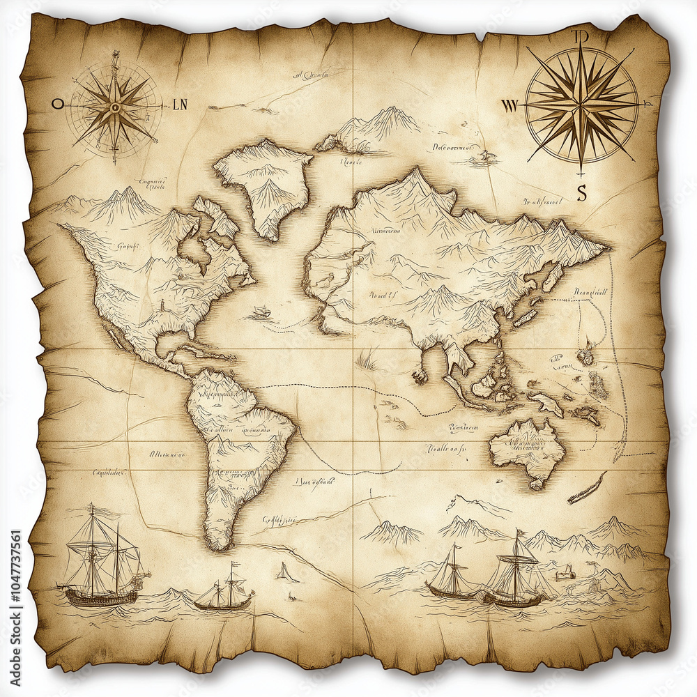 Vintage explorer’s map on aged parchment with detailed continents, old ...