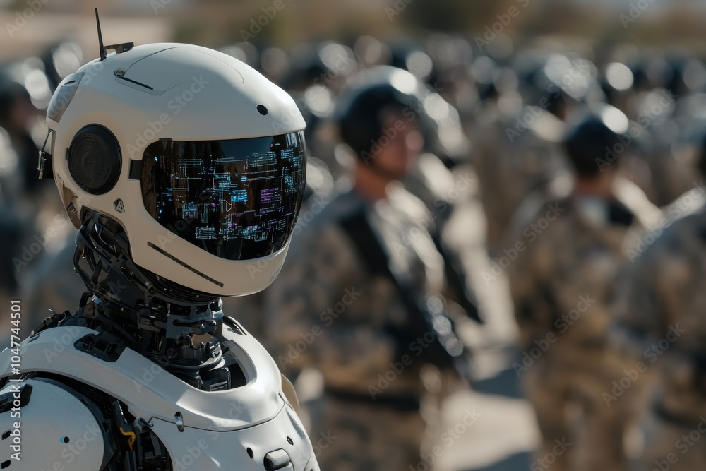 A solitary robotic soldier stands attentively amongst a group of ...