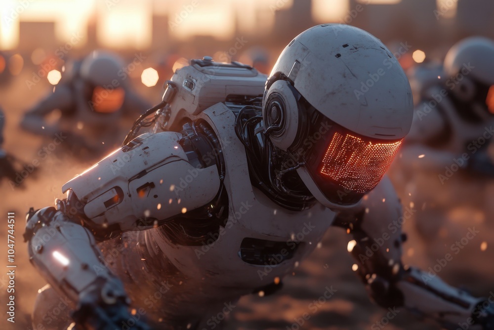 Robotic soldiers equipped for urban warfare crawl strategically across ...