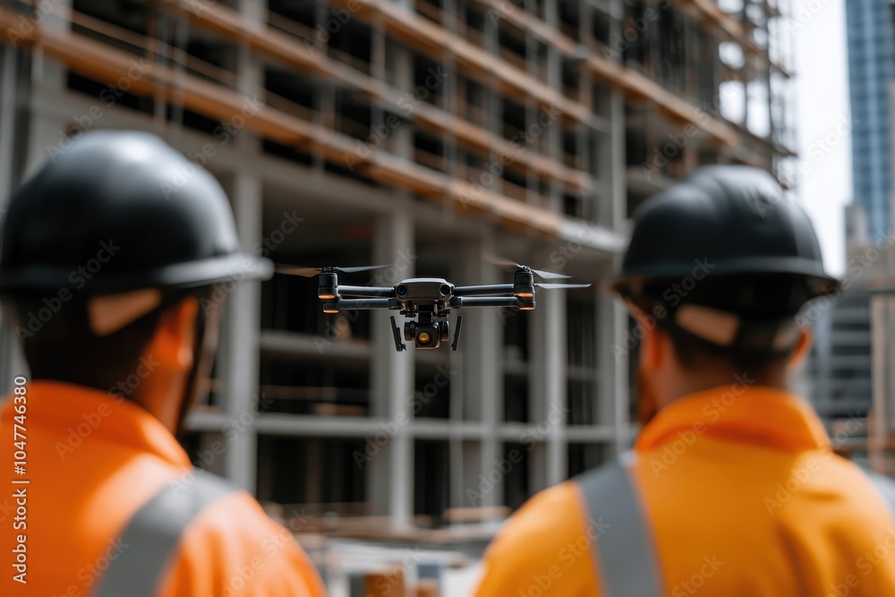 Two engineers in orange gear carefully guide a drone at a construction ...