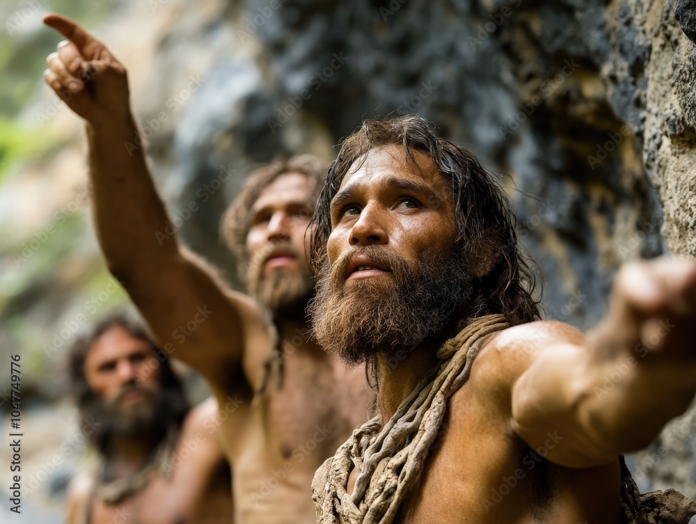 A dramatic depiction of cavemen in rocky terrain, showing them pointing ...