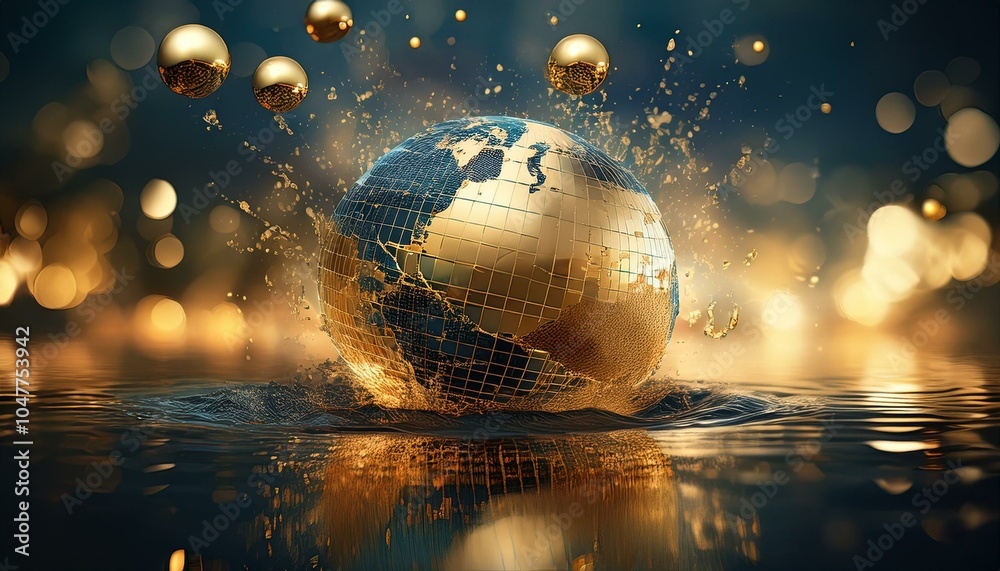 globe sinking into water rising out of water with golden spheres ...