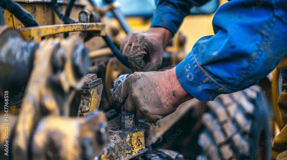 An equipment operator performing a routine check and tuneup on a motor ...