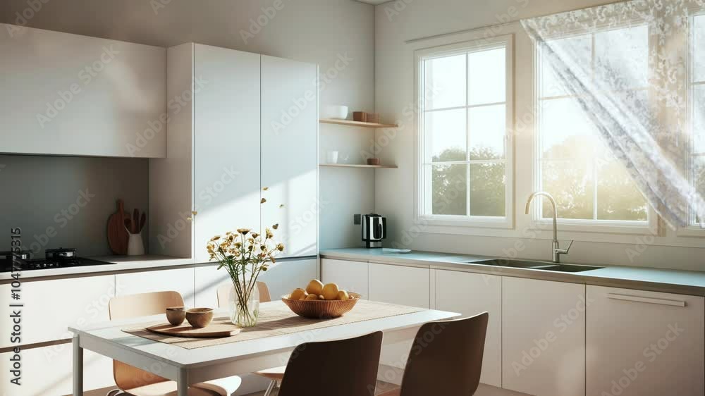 Sunlight streaming through kitchen window illuminating a vase of ...