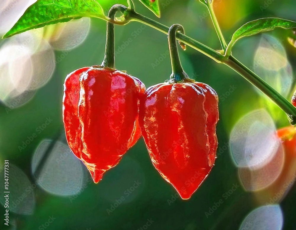 Carolina Reaper chili pepper fruits on tree branch with plantation ...