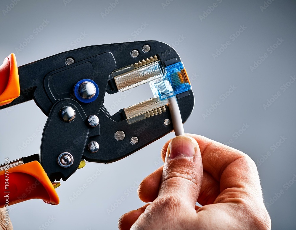 specialist crimps connector on network cable using crimper against gray ...