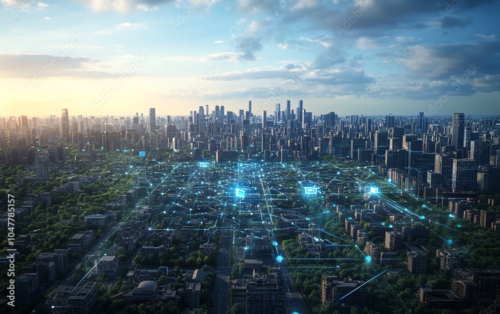 Graphical smart city illustration with digital IoT networks connecting ...