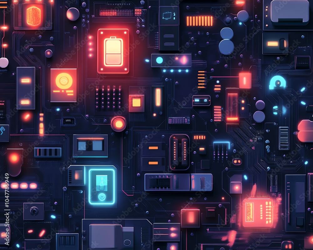 Smart home circuit board design with digital IoT icons for security ...