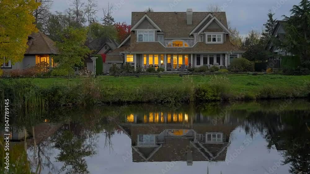 Establishing shot. Luxury house with nice Fall lake view and forest ...