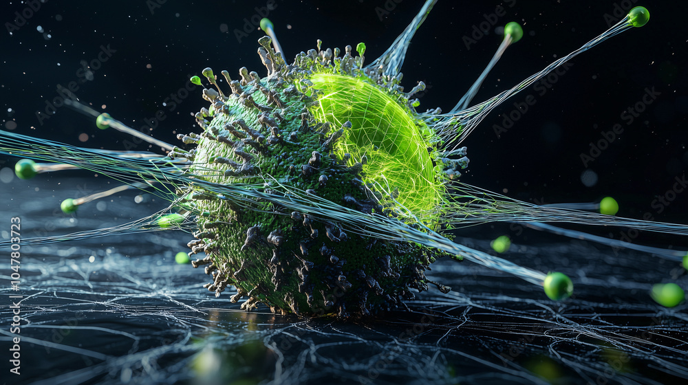 A 3D visual representation of virus with green highlights, showcasing ...