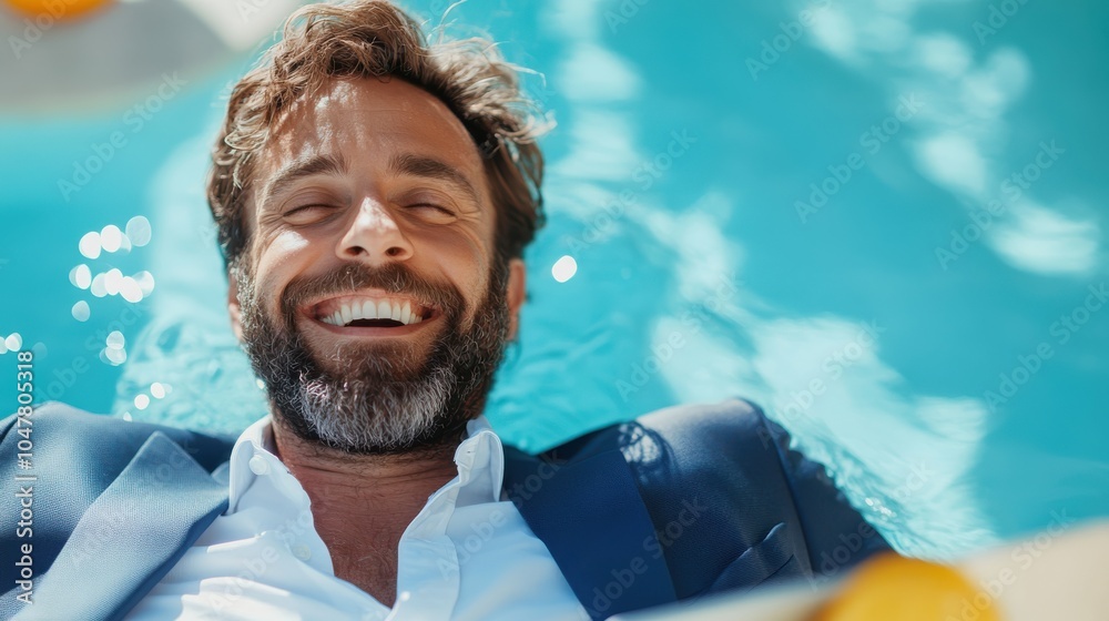 A smiling man floats with closed eyes in a pool, wearing a suit ...