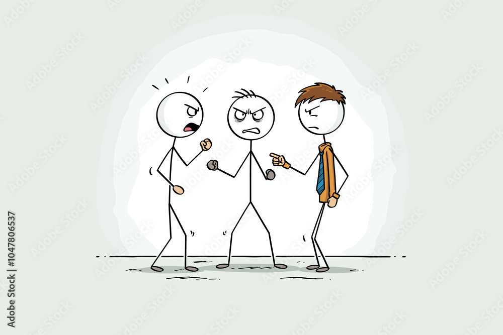Three cartoon stick figure drawn men having a heated argument and very ...