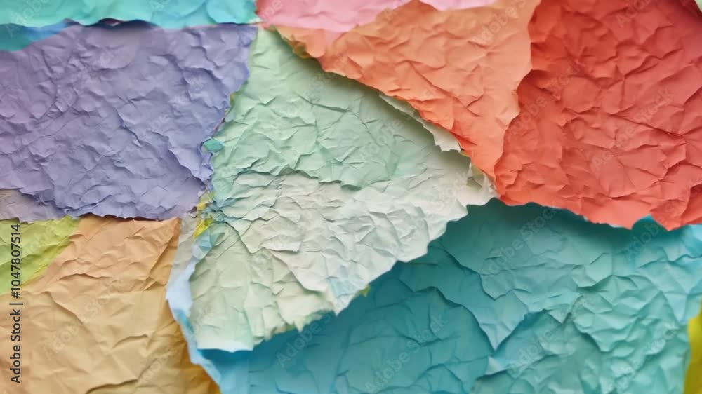 A vibrant collage of crumpled paper pieces in pastel colors is arranged ...