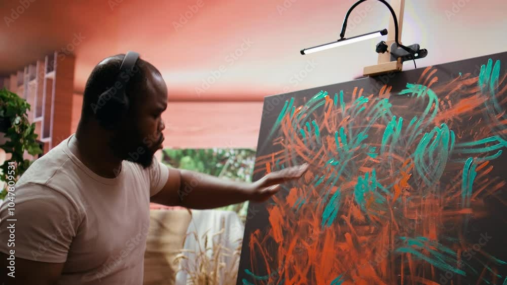 Artist listening to music and creating an abstract painting with his ...