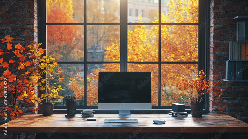 zoom background, casual office with window with a fall, autumn view ...