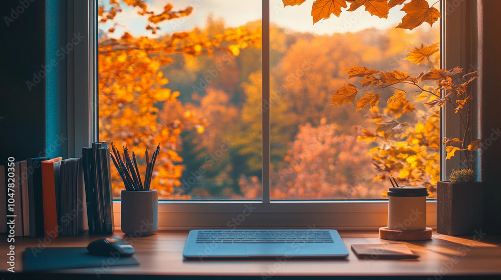 zoom background, casual office with window with a fall, autumn view ...