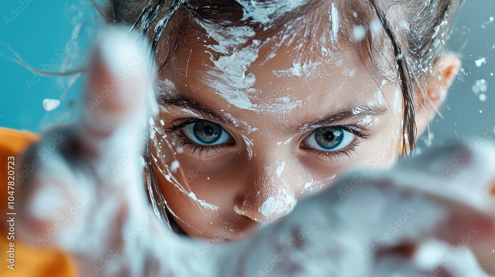 A focused child intensely covers itself in white paint, demonstrating ...