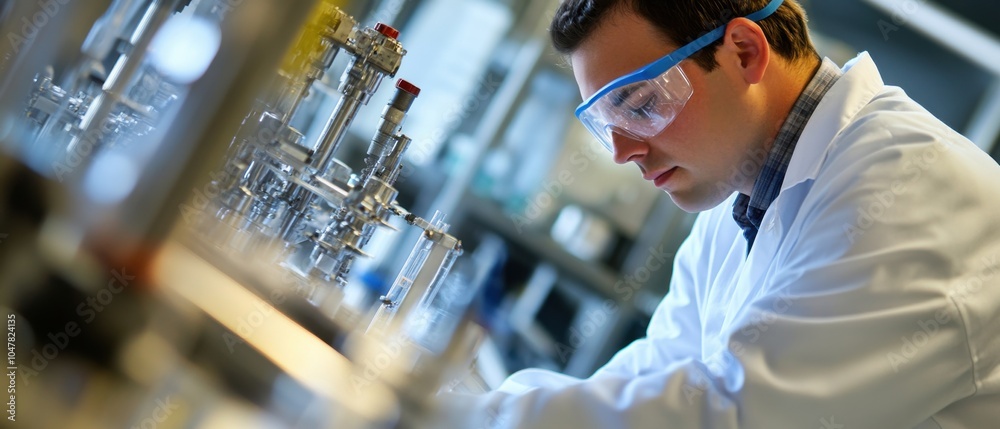 An engineer in a lab coat and safety goggles conducting experiments on ...