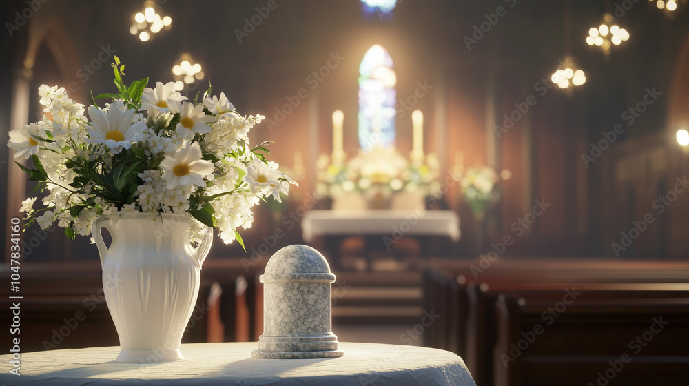 Cremation urn with white floral arrangement in church for memorial ...