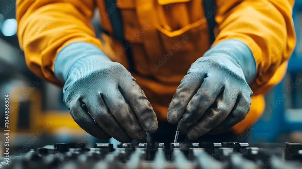 Close up of an engineer s hands carefully removing a worn out component ...