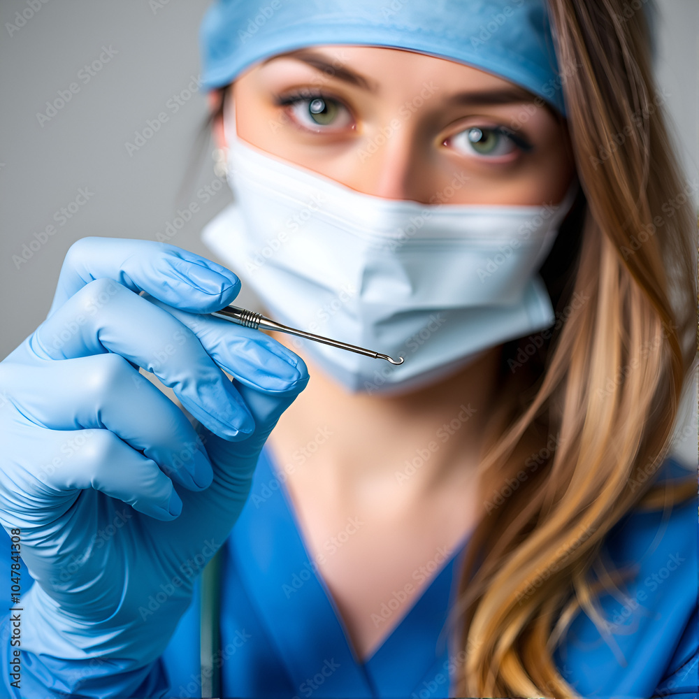 Pretty female doctor gynecologist in blue medical sterile gloves ...