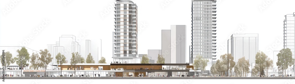 Cross-section view of a city with tall buildings and trees in the ...