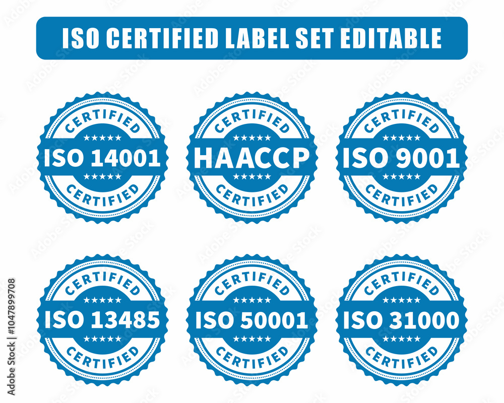Iso label set vector icon, iso 14001, iso 9001, iso 13485, iso 50001 ...