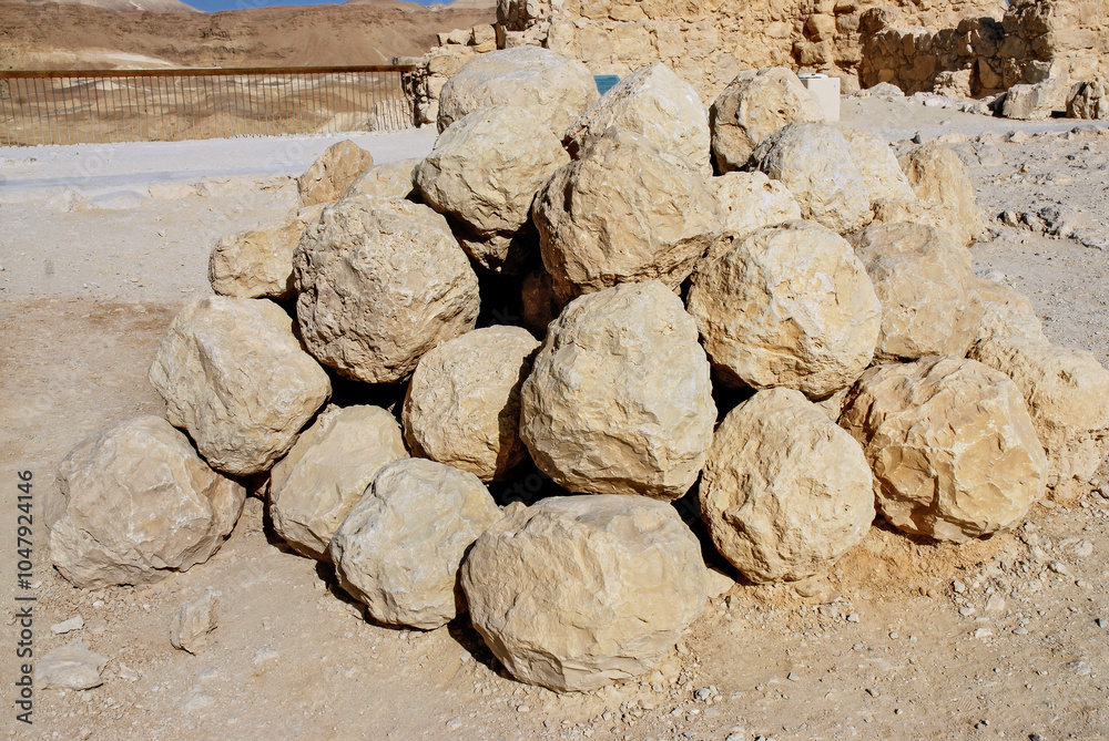Ball stones used in the Roman catapult, used in the siege of Masada, a ...