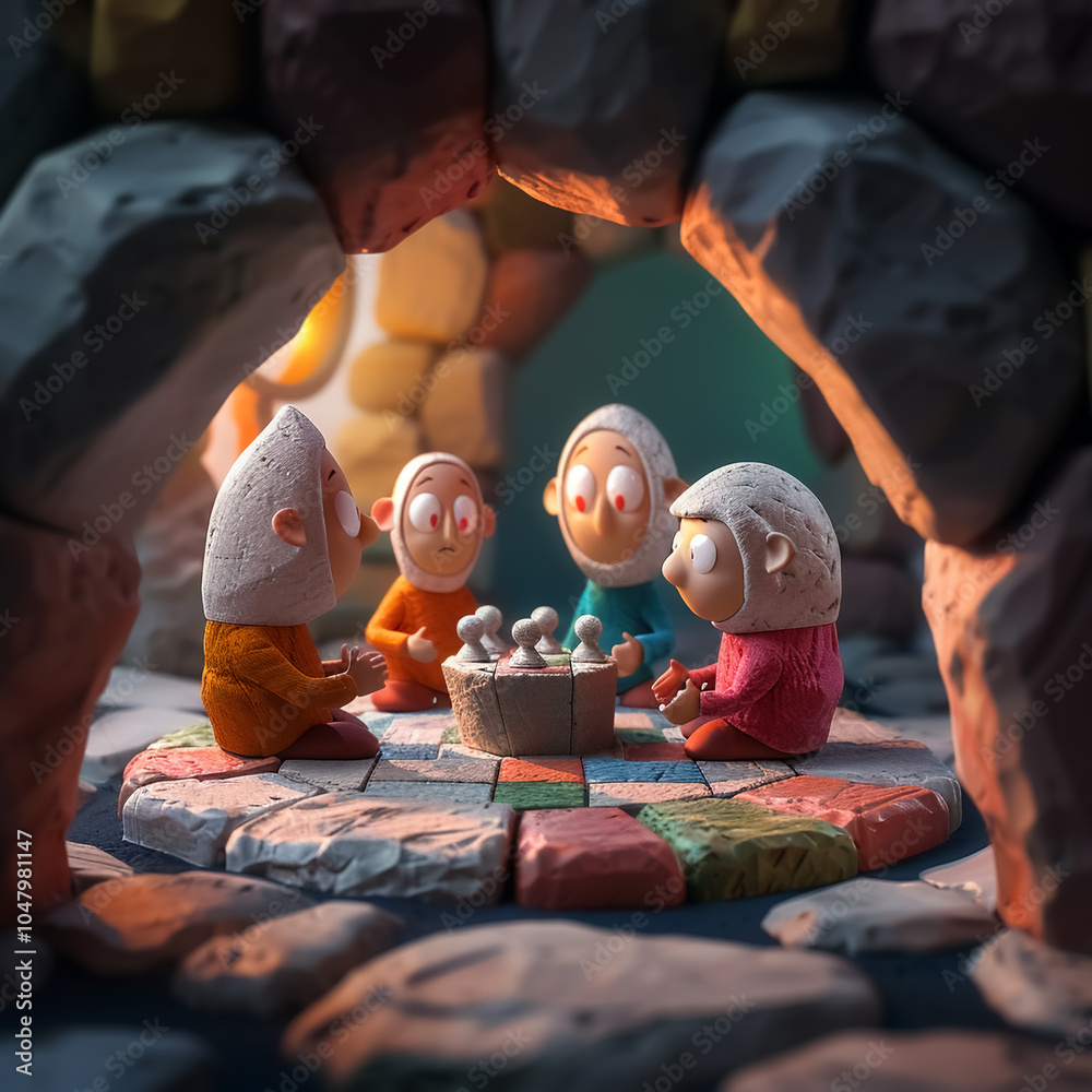 Artistic depiction of group of animated characters gathered around ...