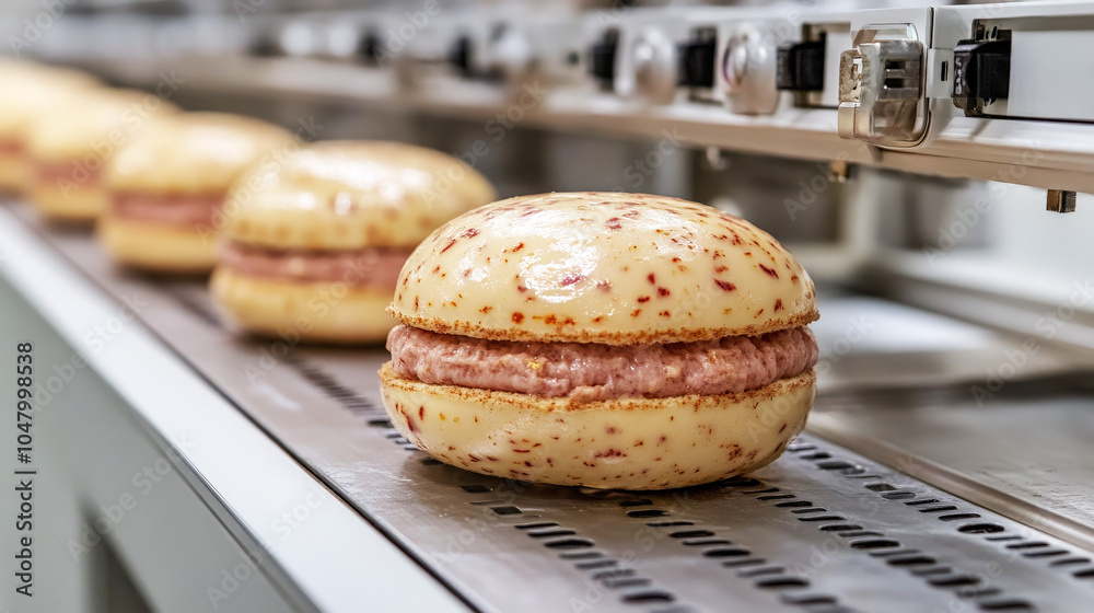Sweet Success on the Assembly Line: Close-up shot of gourmet macarons ...