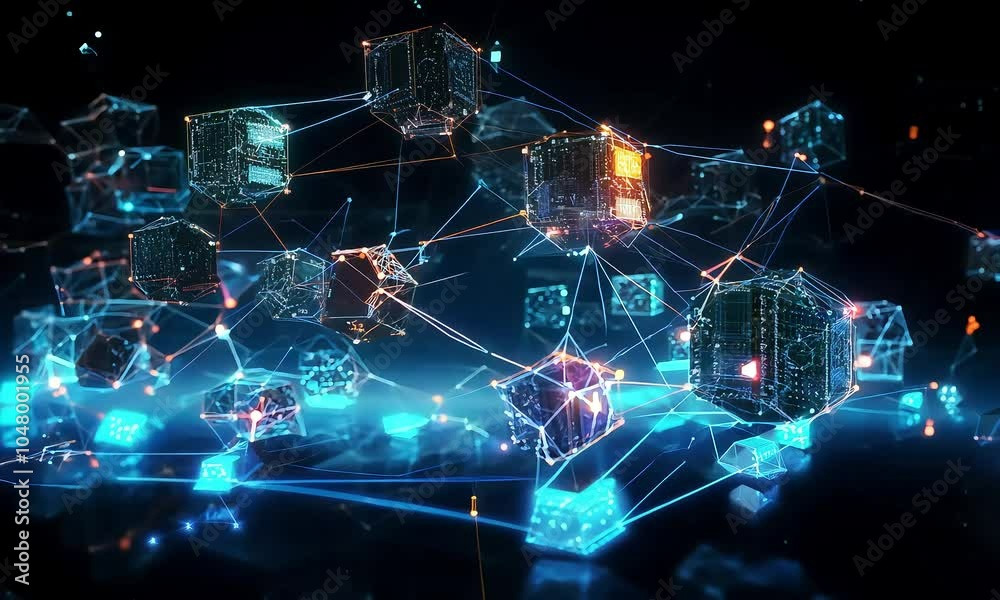 Global Network of Cubes: Futuristic digital illustration of interconnected glowing cubes forming ...