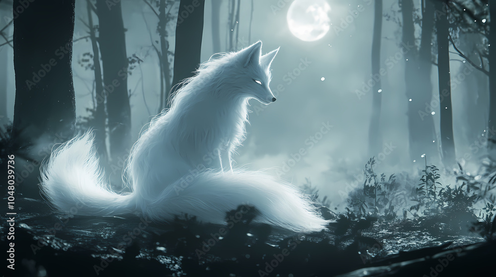 Ethereal nine-tailed fox, revered in japanese mythology, sits ...