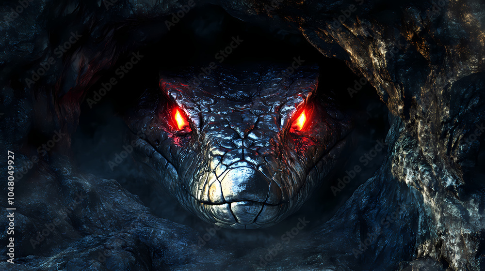 Ferocious basilisk with glowing red eyes emerging from a dark cave, detailed scales and a fierce ...