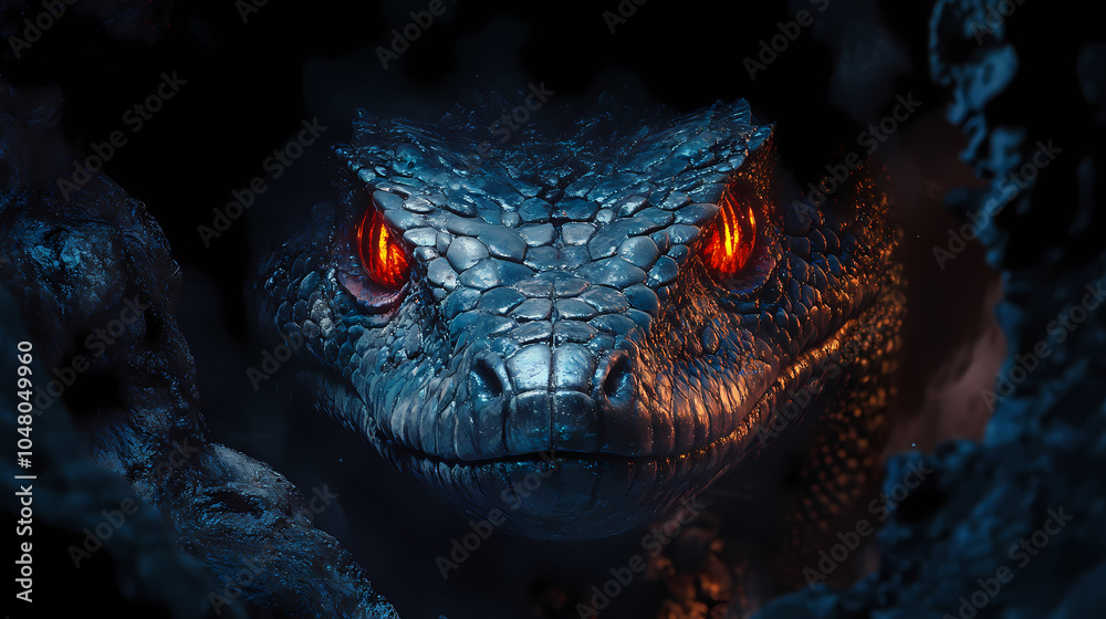 Ferocious basilisk with glowing red eyes emerging from a dark cave, detailed scales and a fierce ...