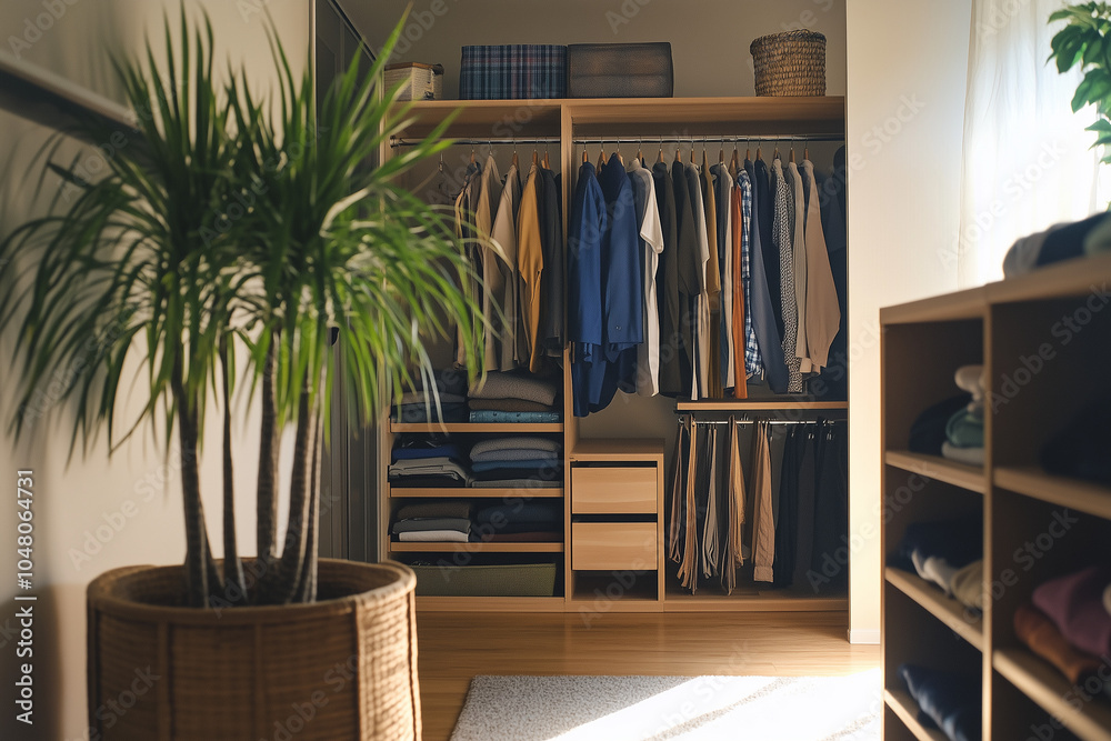 Interior design of gentle man closet with plenty of clothes inside ...