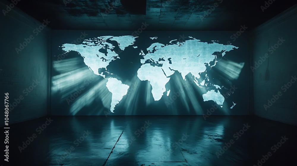 Map of the world projected onto a dark surface with light beams ...