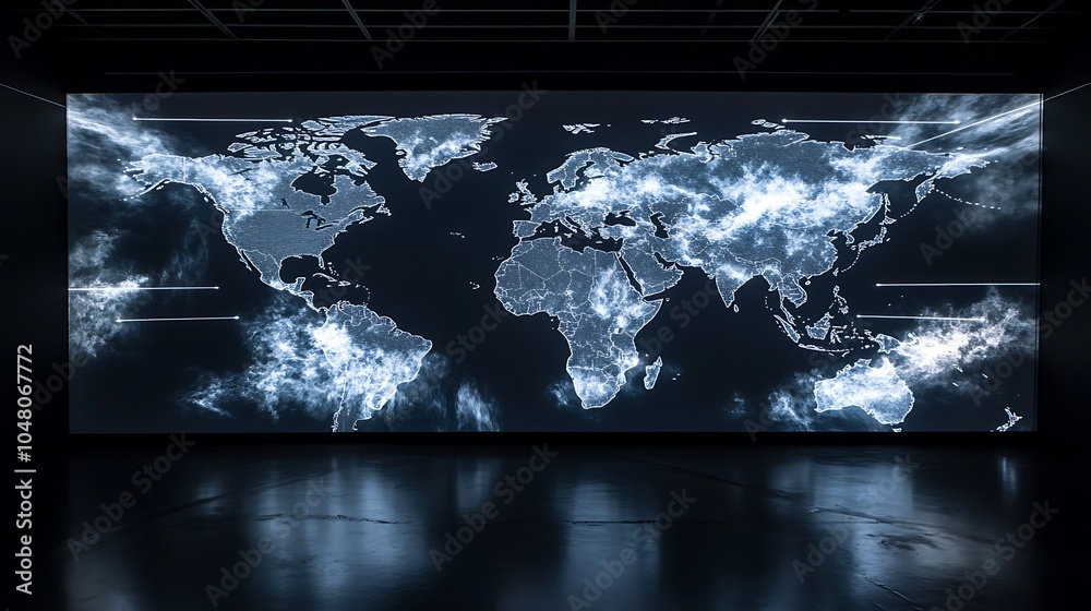Map of the world projected onto a dark surface with light beams ...