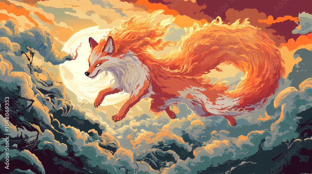 Pixel art of describe a kitsunes journey to master shape-shifting and ...