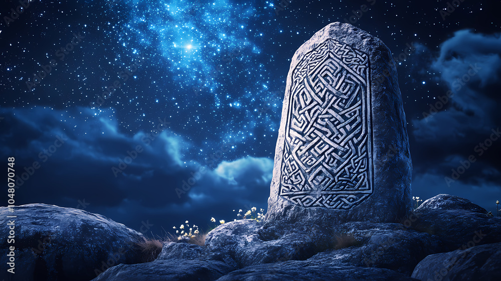Mysterious ancient rune stone under starry night sky. Ancient Viking ...