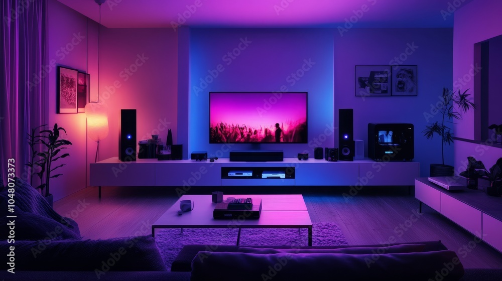 Modern media setup with a TV unit featuring built-in speakers, low ...