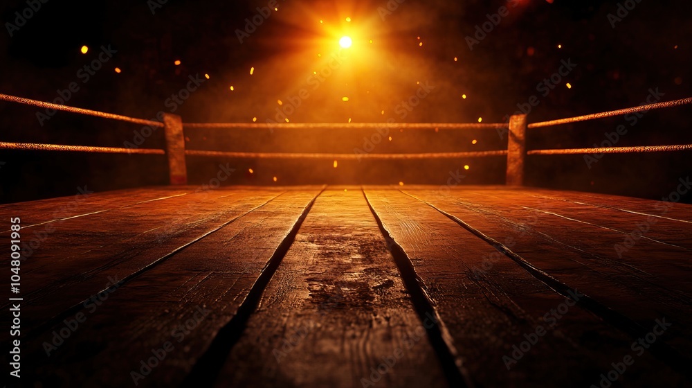 Illuminated boxing ring interior with dramatic lighting and wooden ...